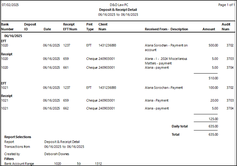 Deposit and Receipts Details Report