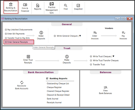 How to Enter a General Receipt to a Client/Matter
