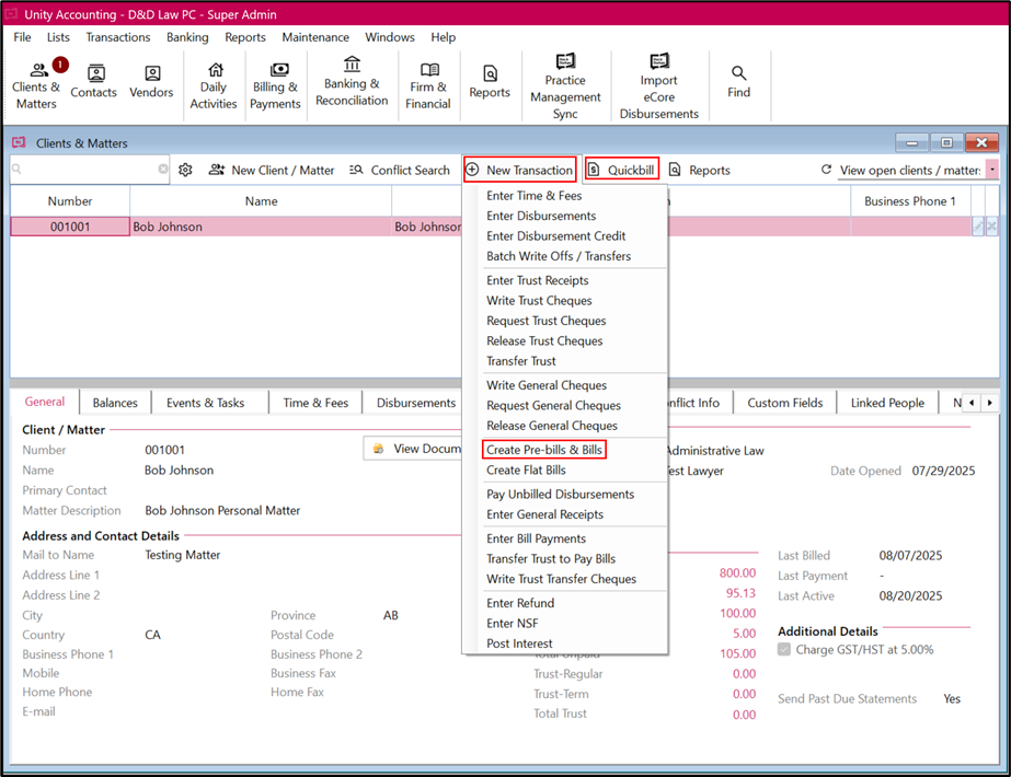 Create Client Pre-bills and Bills – Dye & Durham Canada